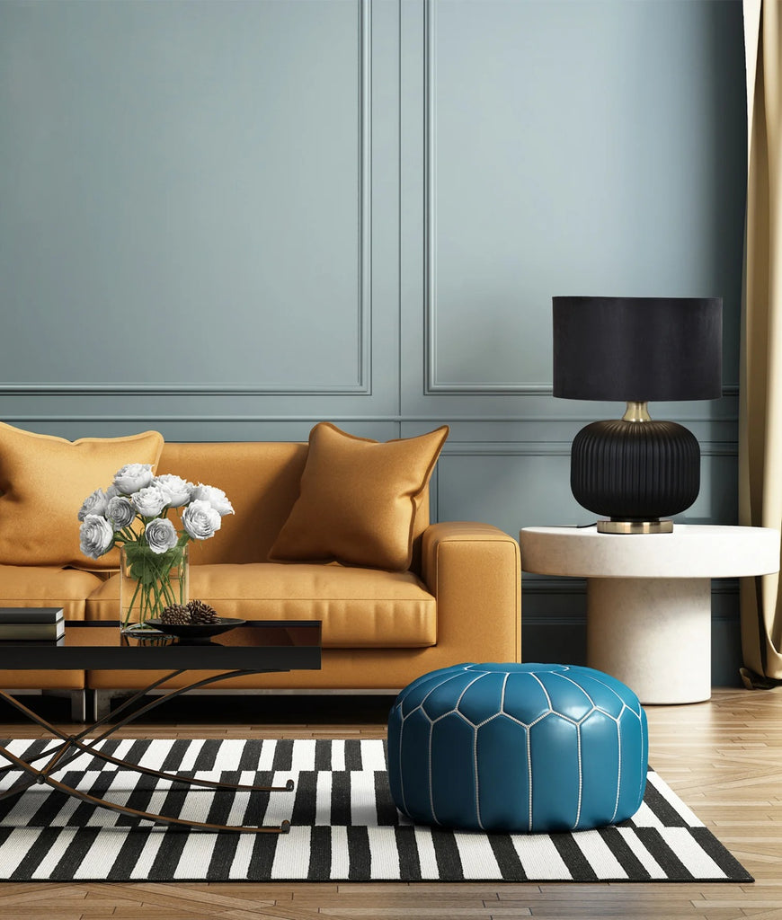 Lusso Ribbed Table Lamp Black/Gold with Drum Shade – Roundabout Lighting