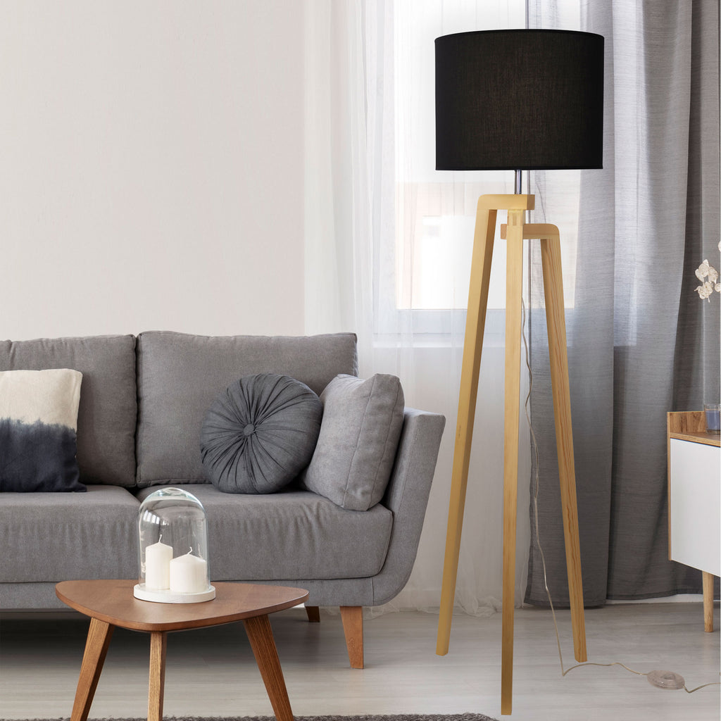 Lund Tripod Floor Lamp Oak Timber with Fabric Drum Shade – Roundabout ...