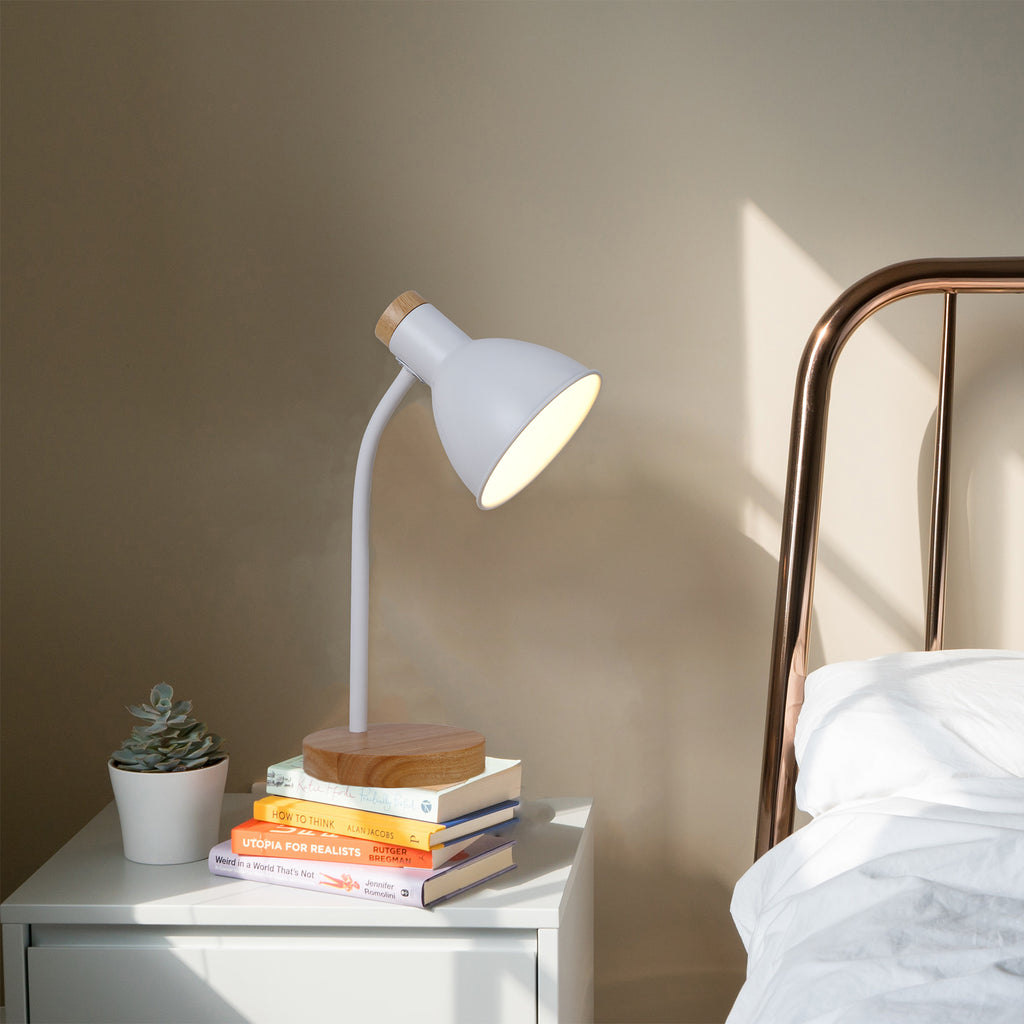 Merete Metal Adjustable Reading Table Lamp with Oak Timber – Roundabout ...